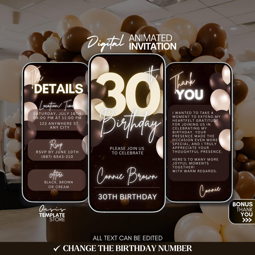 Digital 30th Birthday Video Invite, Brown and Cream 30th Invitation ...