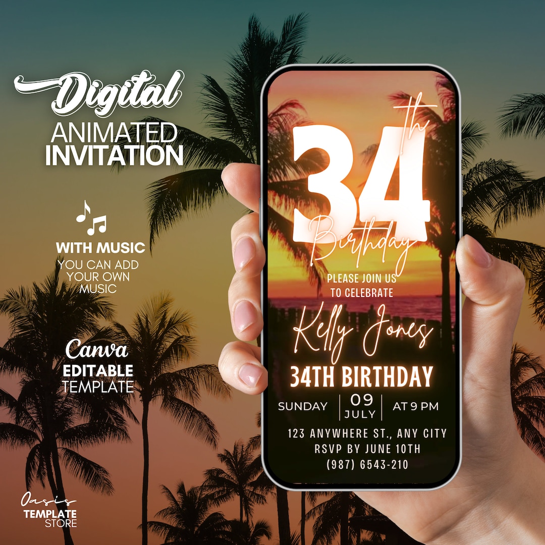 Editable 34th Birthday Party Invitation, Animated Invitation, Mobile ...
