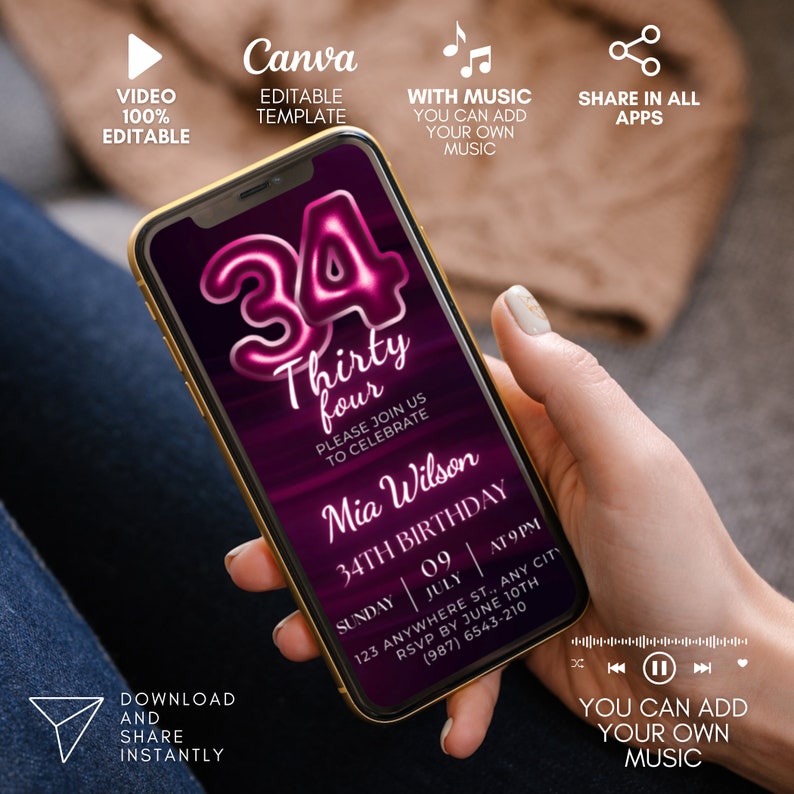 34th Birthday Digital Invitation, Thirty Four Party Video Invite, Pink ...
