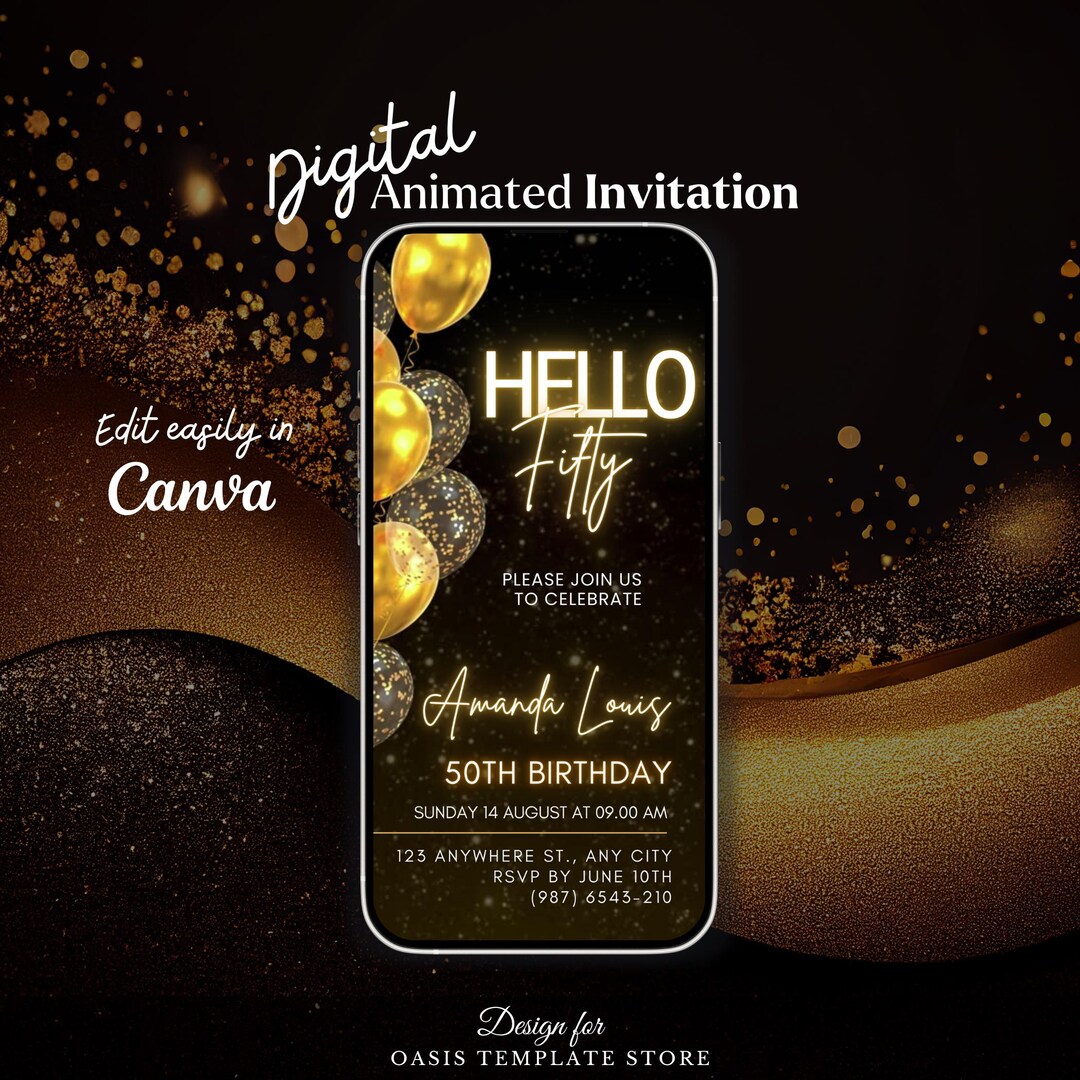 Hello 50th Birthday Invitation, Animated Invite, Hello 50th Invitation ...