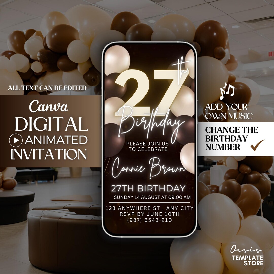27th Birthday Video Invite, Brown 27th Digital Invitation, Editable ...