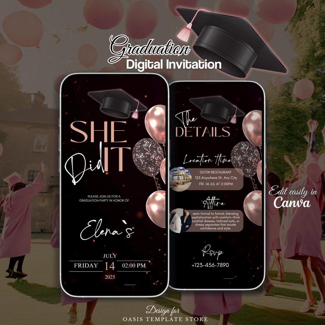 She Did It Graduation Invite, Pink Digital Graduate Invite, Editable ...