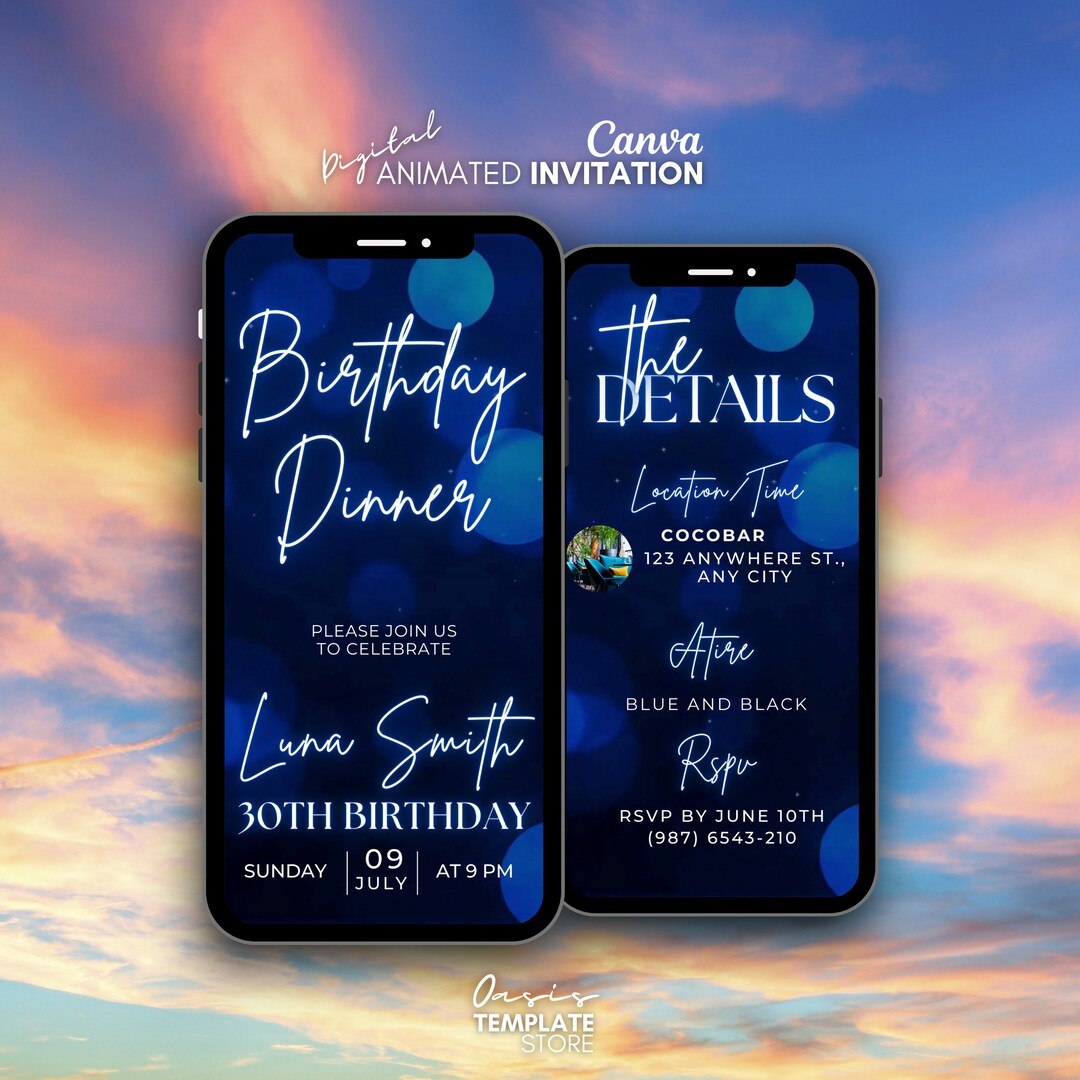 Birthday Dinner Digital Invitation, Mobile Invitation, Blue Glitter ...