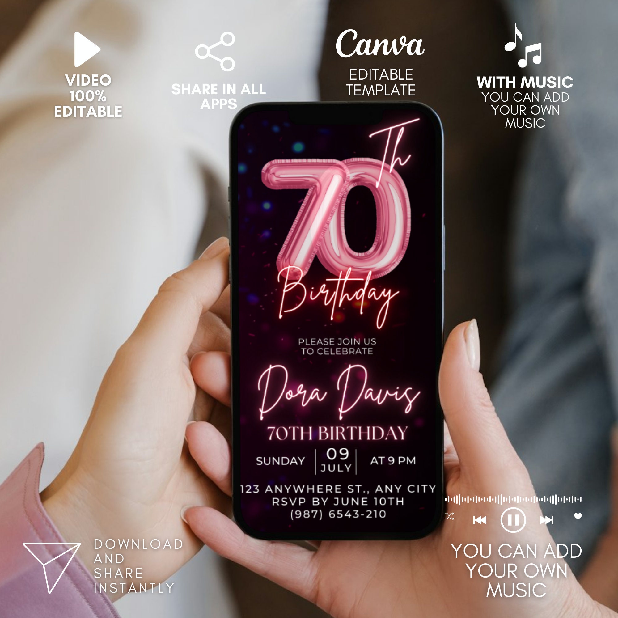 Seventy 70th Digital Birthday Invitation, Pink Balloons Video Invite ...
