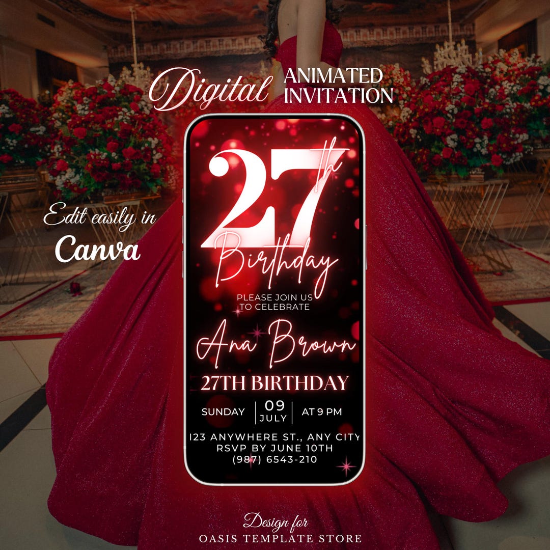 Digital 27th Birthday Invitation, Red Glitter Invite, 27th Phone ...