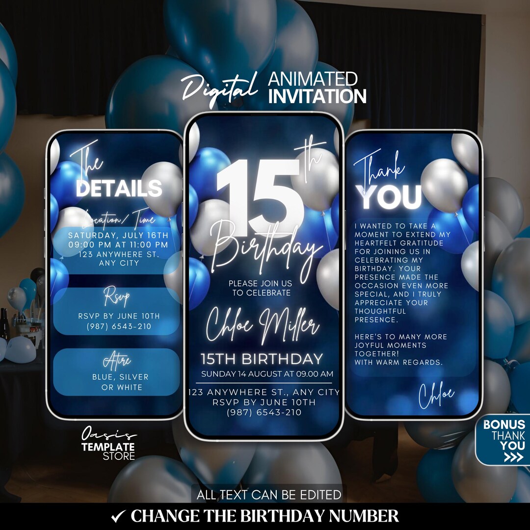 Fifteen 15th Birthday Invitation, 15th Blue and Silver Video Invite ...