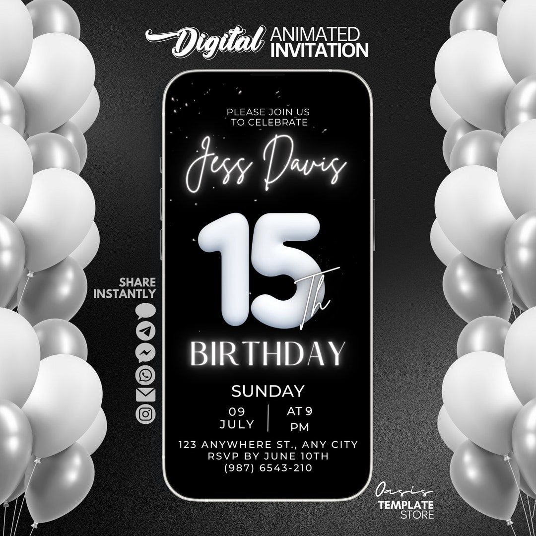 Digital 15th Birthday Digital Video Invitation, Elegant Black and White ...