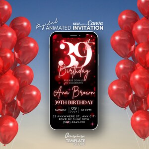 Thirty Nine 39th Birthday Video Invitation, Red Glitter Invitation ...