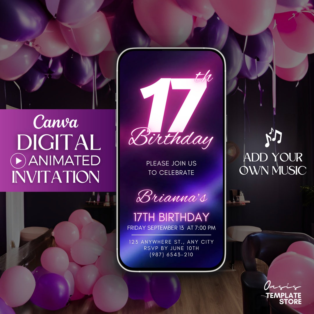 17th Birthday Invitation, 17th Pink Neon Digital Invitation, Video ...