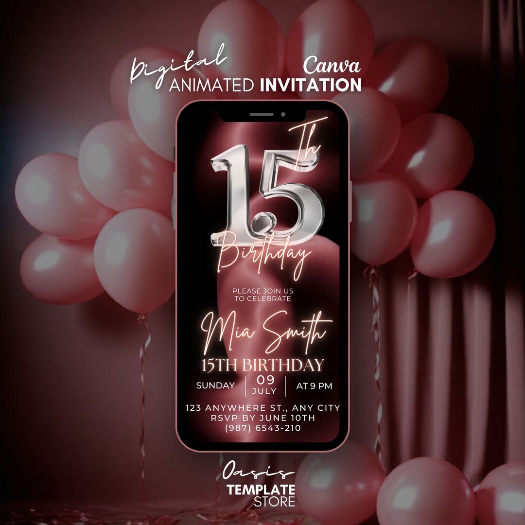 Digital 15th Birthday Invitation, Pink Silver Animated Invitation ...