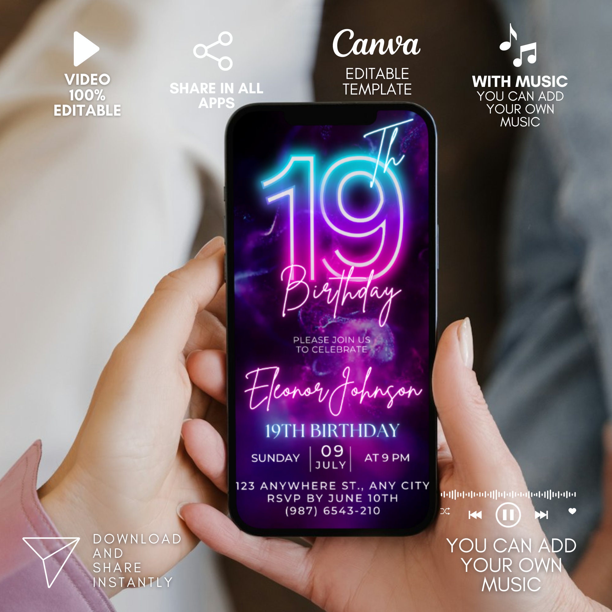 19th Birthday Digital Invitation, Neon Pink Video Invitation, Nineteen ...