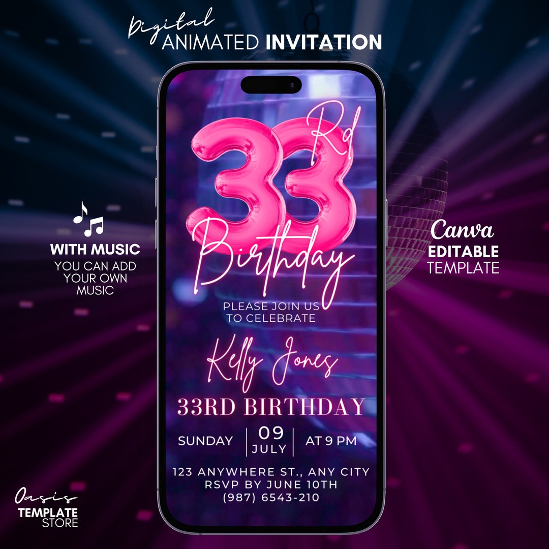 Editable 33rd Pink Disco Birthday Invitation, Disco Party Invitation ...