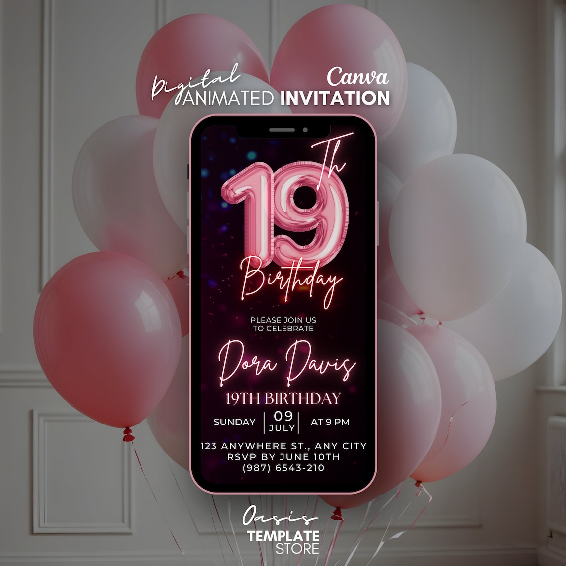 Digital 19th Birthday Invitation, Pink Balloons Nineteen Video Invite ...