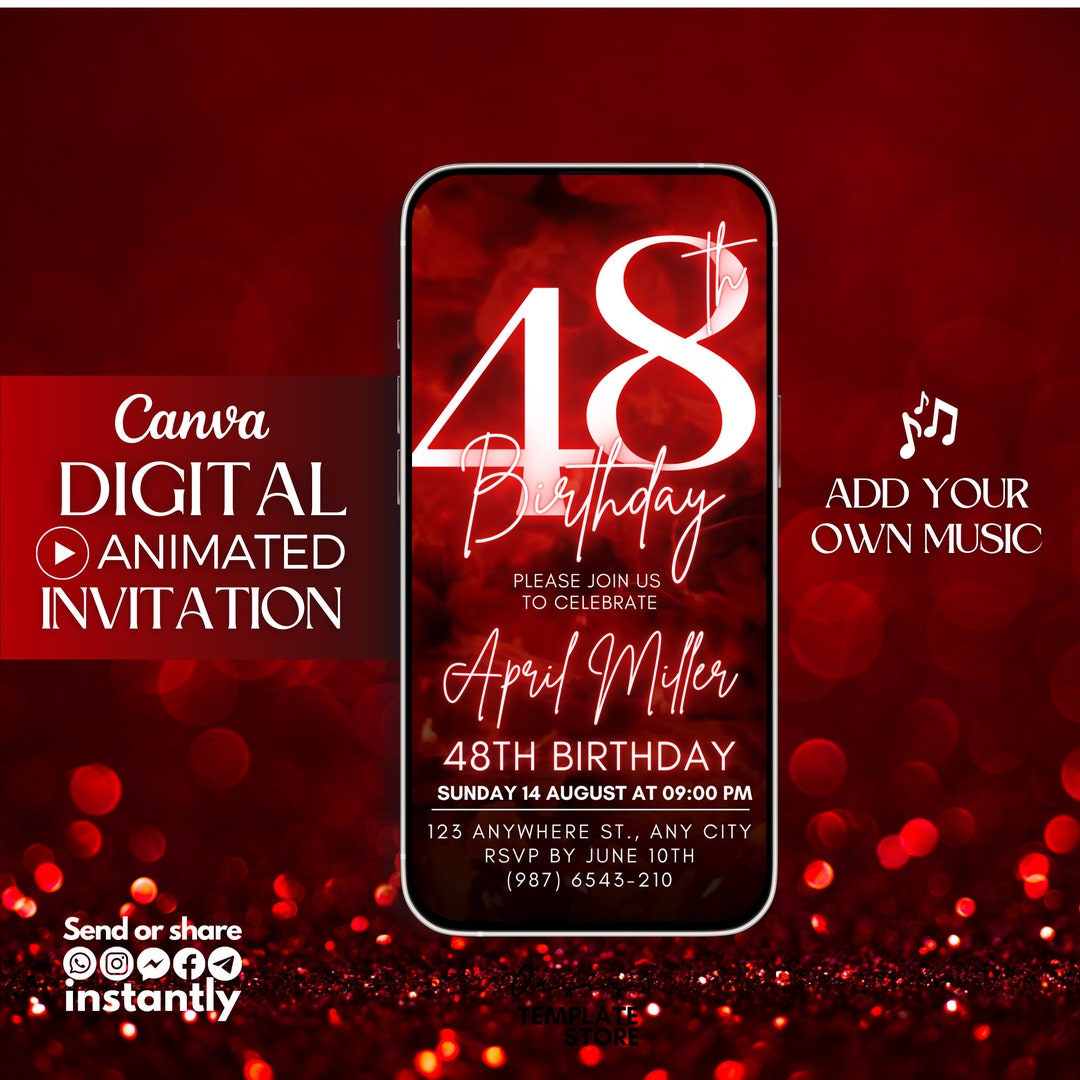 48th Birthday Video Invitation, Red Glitter Digital Invitation ...