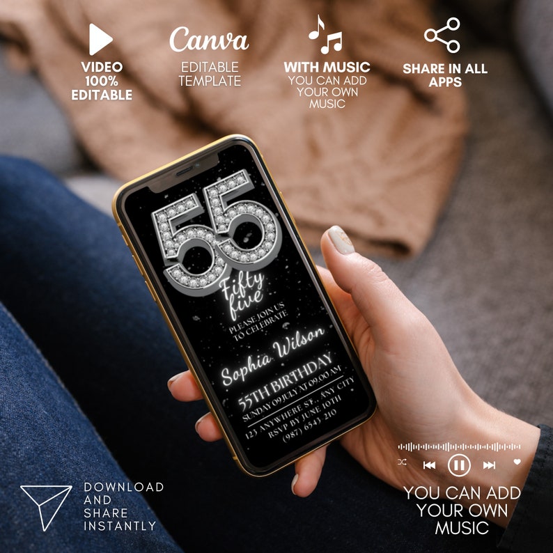 Digital 55th Birthday Invitation, Fifty Five Party Video Invitation ...