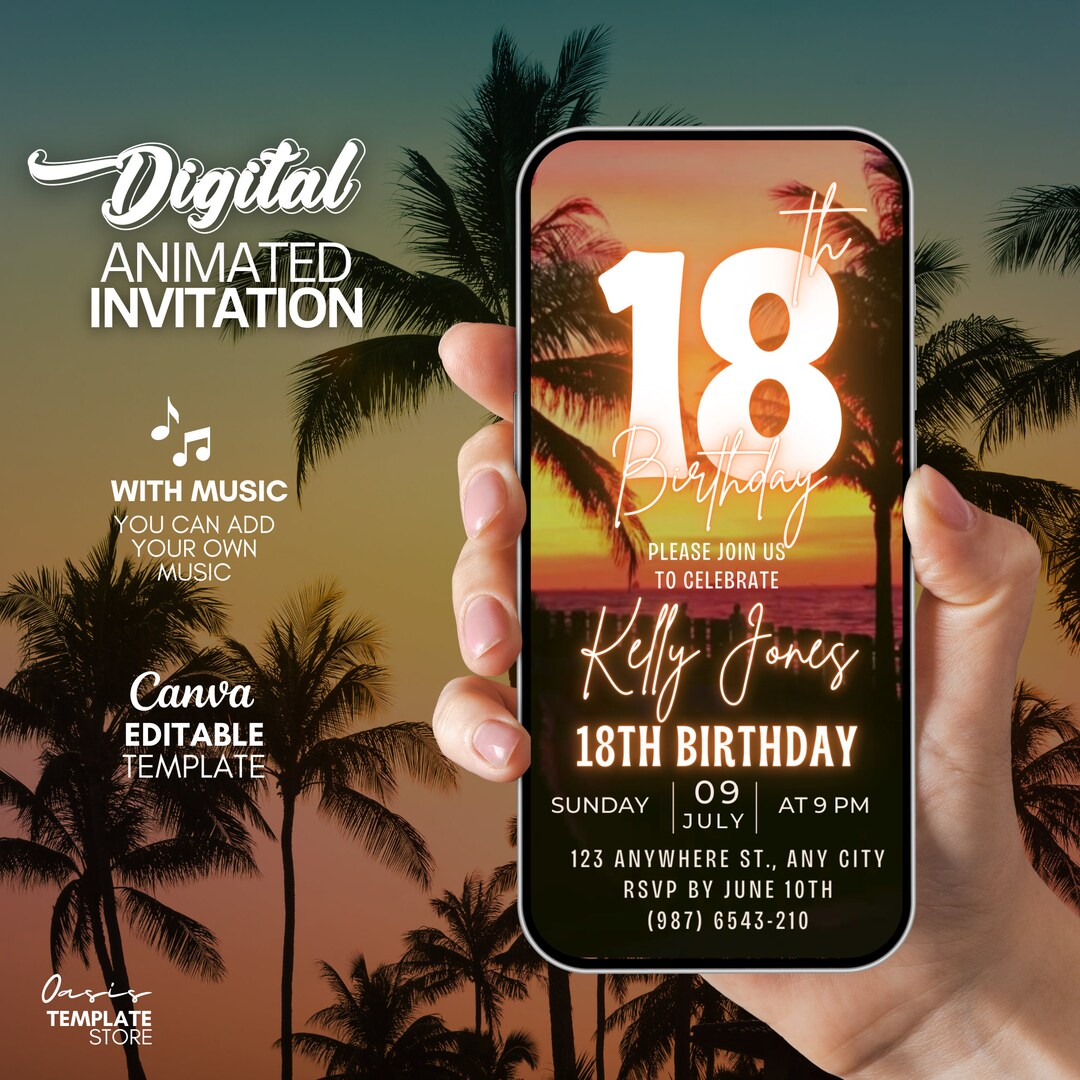 Editable 18th Tropical Birthday Invitation, Animated Luau Invitation ...