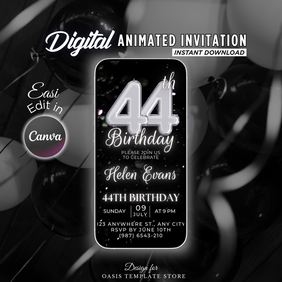 Digital 44th Birthday Invitation, Black Silver Party Template, Editable ...