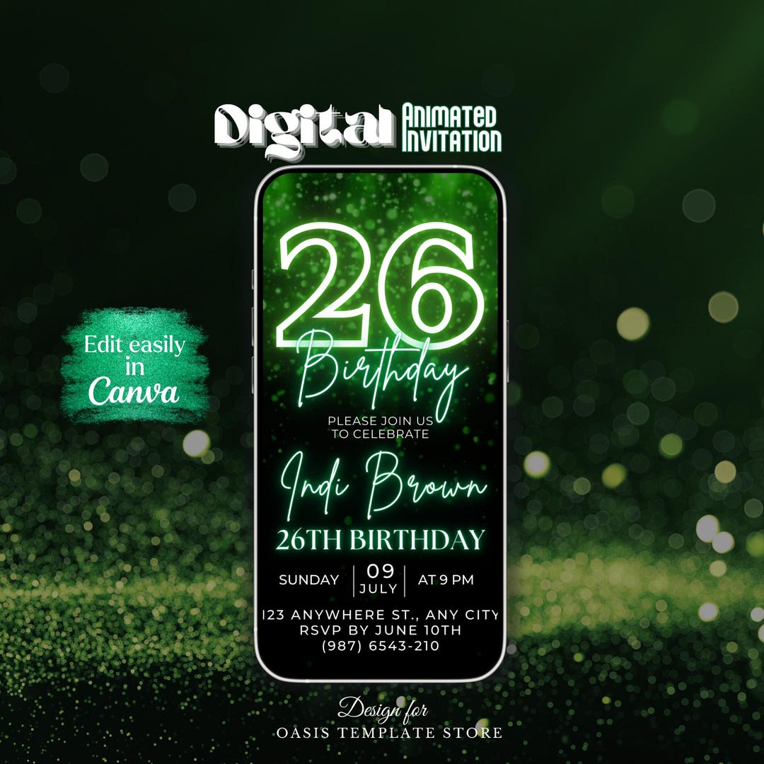 Green 26th Birthday Evite, Video Invitation Template, Glitter Phone ...