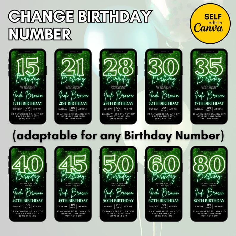 Girls Night Birthday Invitation, Green Glitter Invite, Phone Text Evite ...