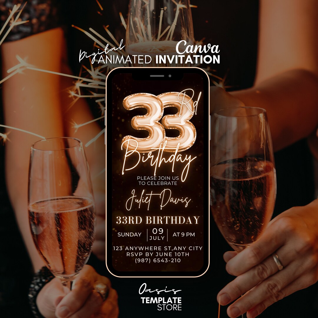 33rd Birthday Video Invitation, Bronze Gold Digital Invitation, 33rd ...
