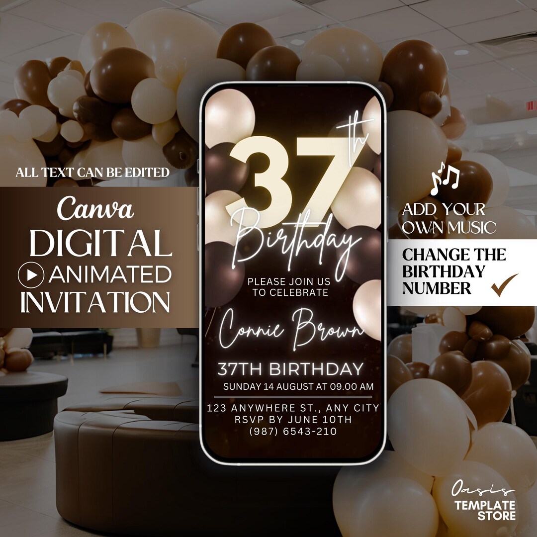 Birthday 37th Animated Invitation, Brown 37th Invitation Template ...