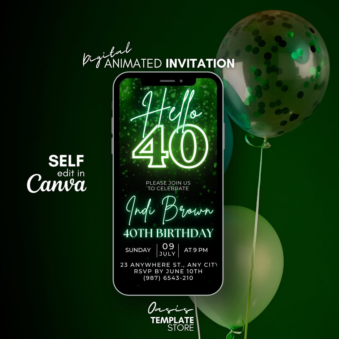 Hello 40th Birthday Video Invitation, Green Glitter Invite, Phone Text ...