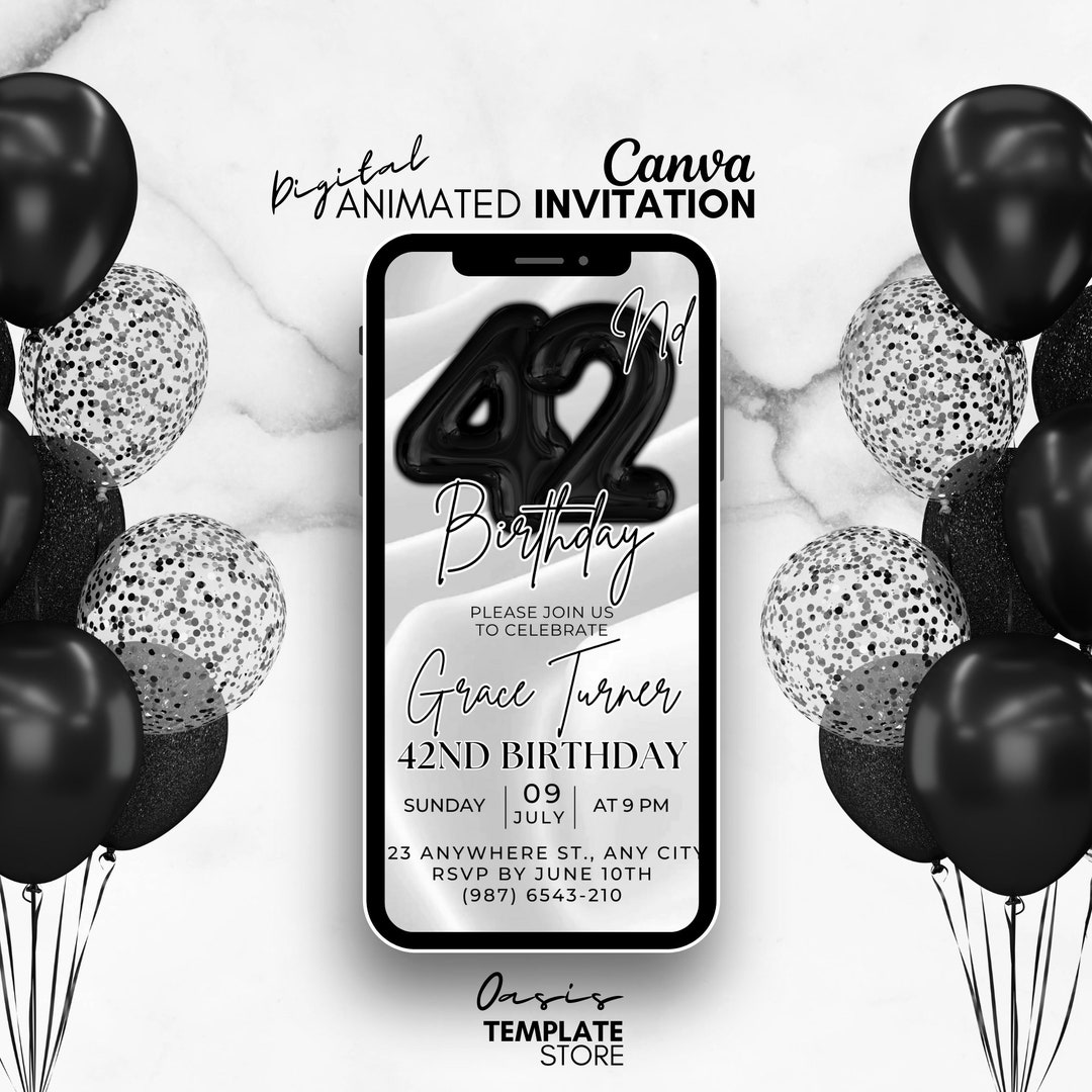 42nd Birthday Invitation, Black Balloons Invitation, Mobile Party ...