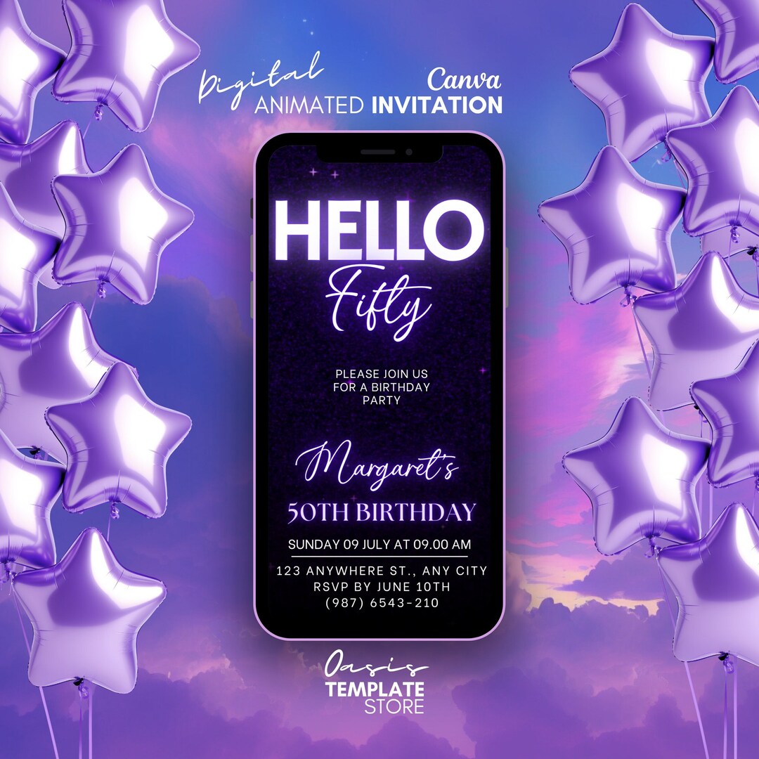 Hello 50th Birthday Invitation, Digital Purple Invitation, Mobile ...