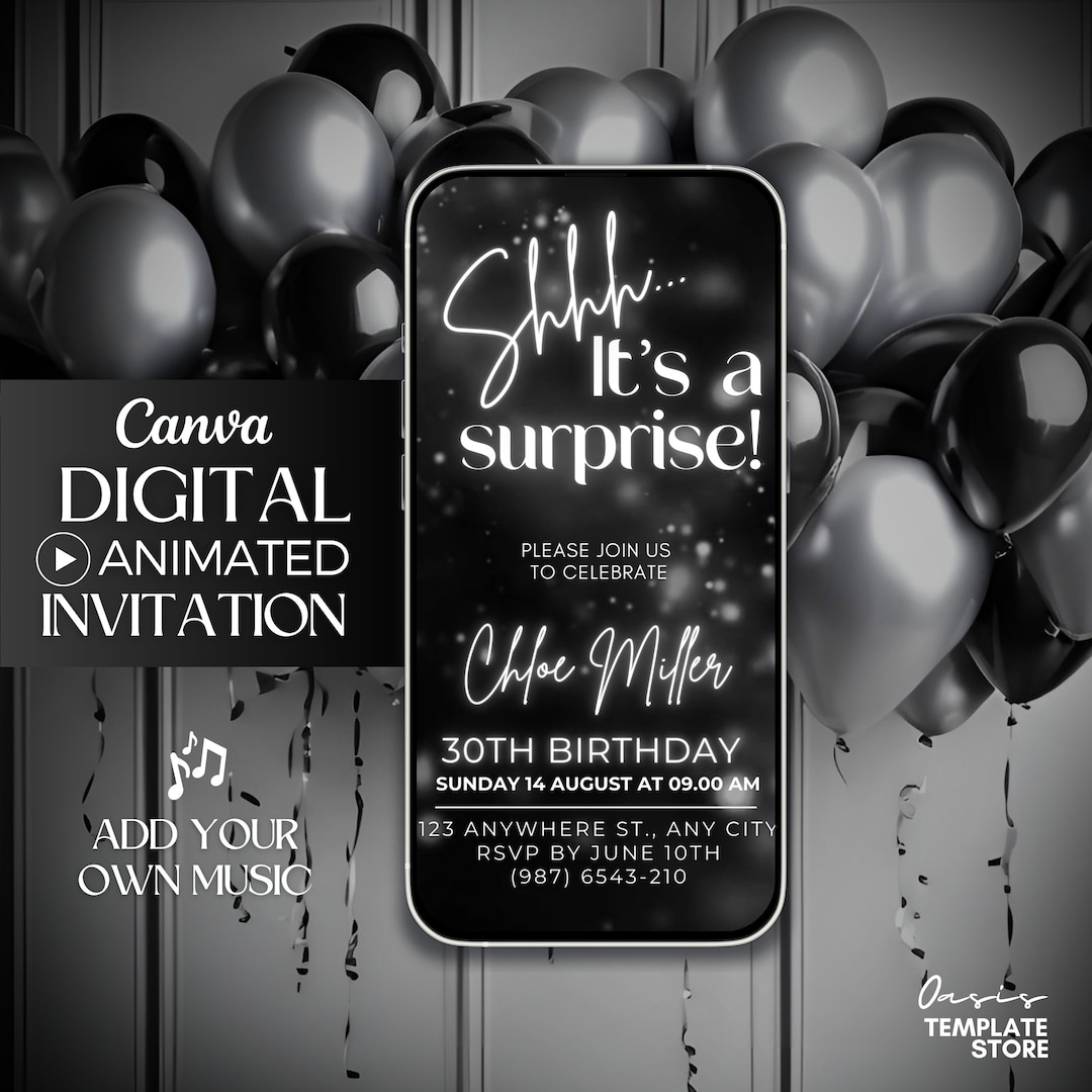 Shhh It's a Surprise Birthday Video Invitation, Silver Glitter Digital ...