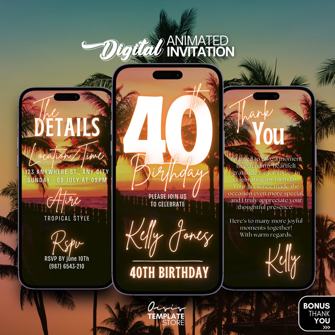 Palm Tree Birthday Animated Invite, Tropical Sunset 40th Party ...