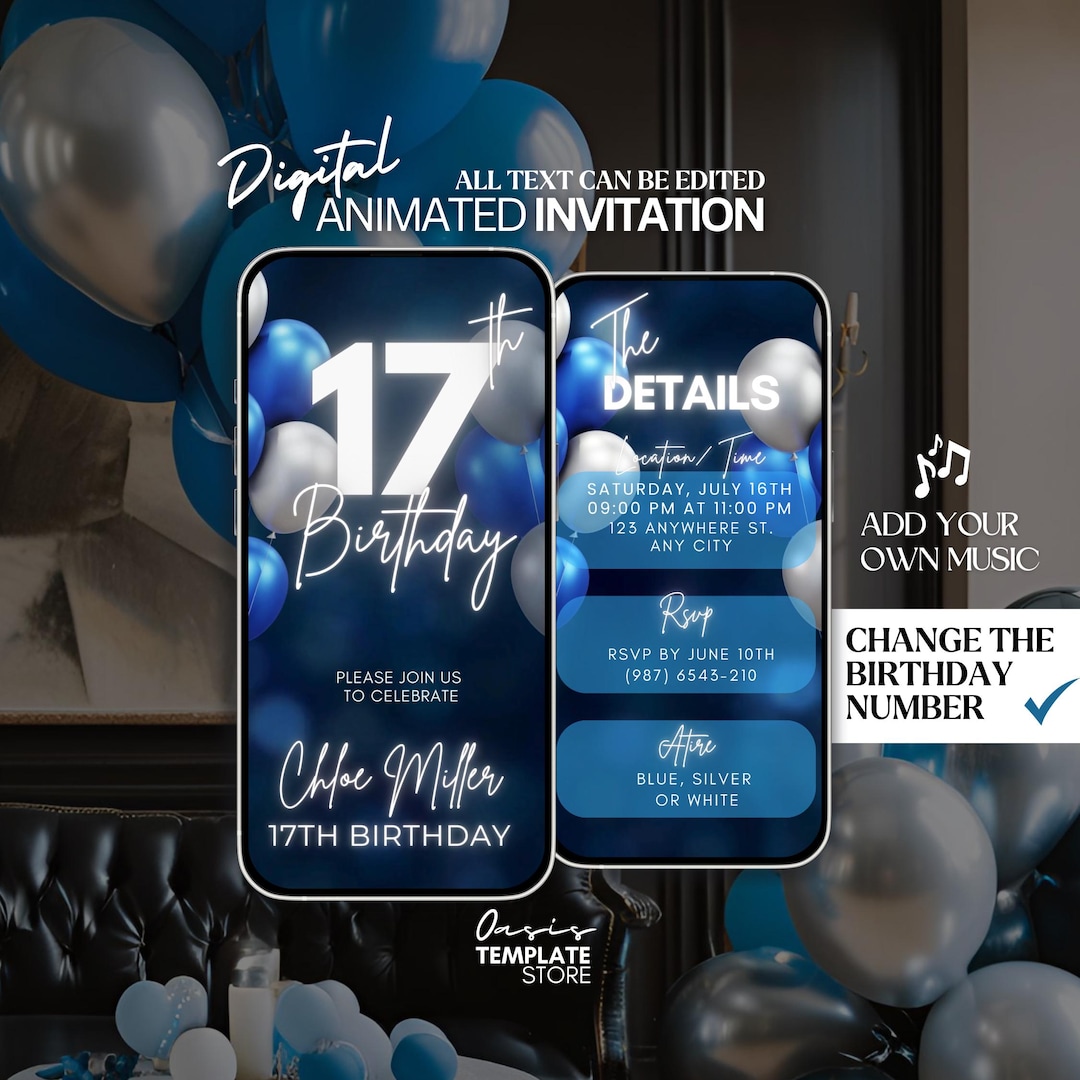 Digital 17th Birthday Invitation, 17th Blue and Silver Video Invite ...