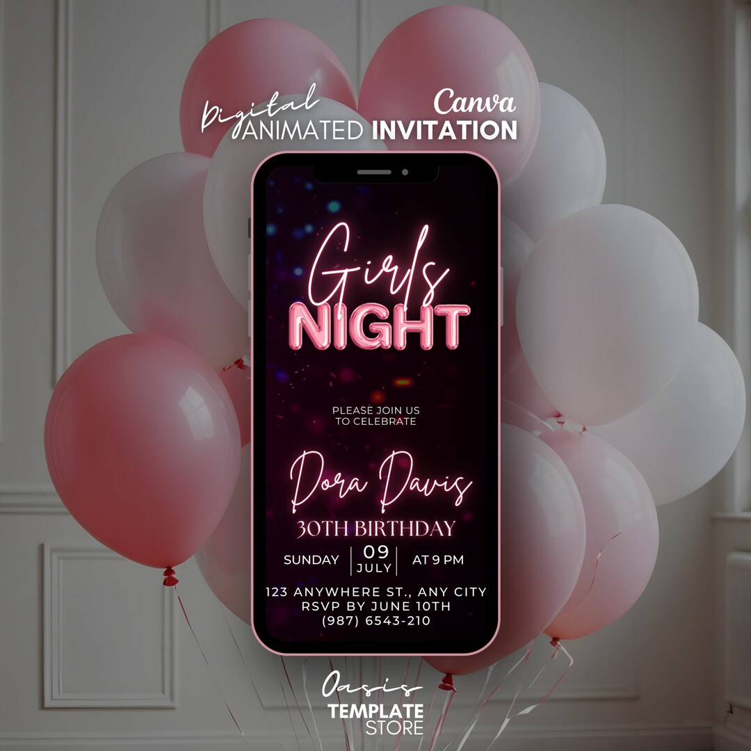 Digital Girls Night Birthday Invitation, Pink Balloons Video Invite ...