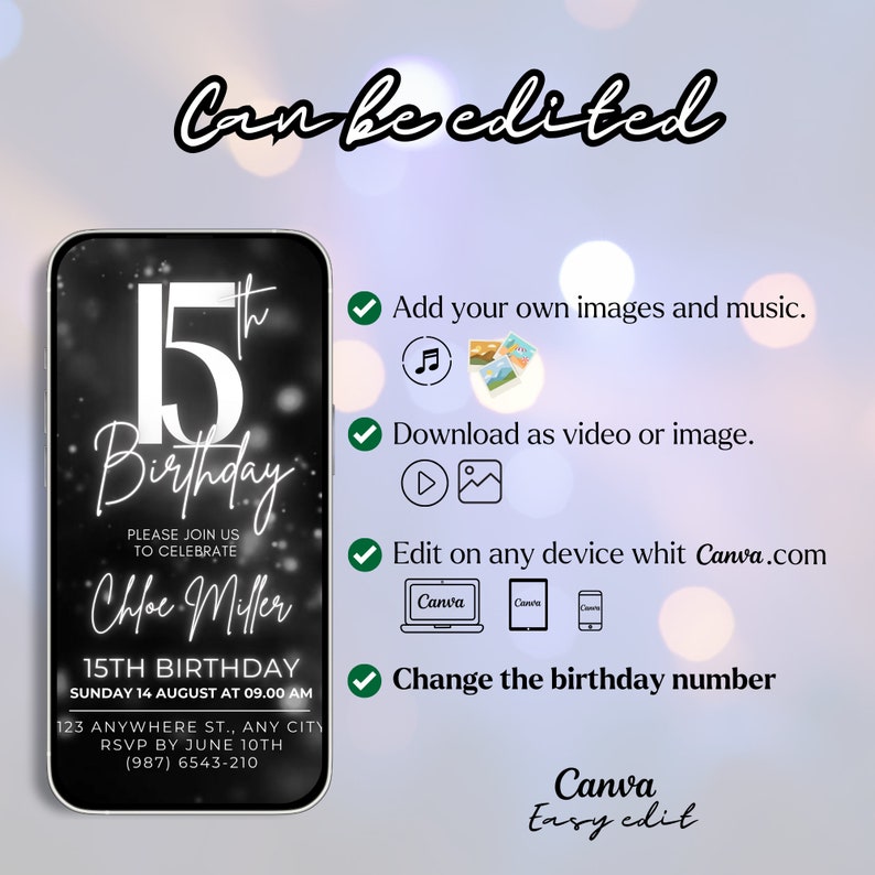 15th Birthday Digital Video Invitation, Elegant Silver Glitter ...