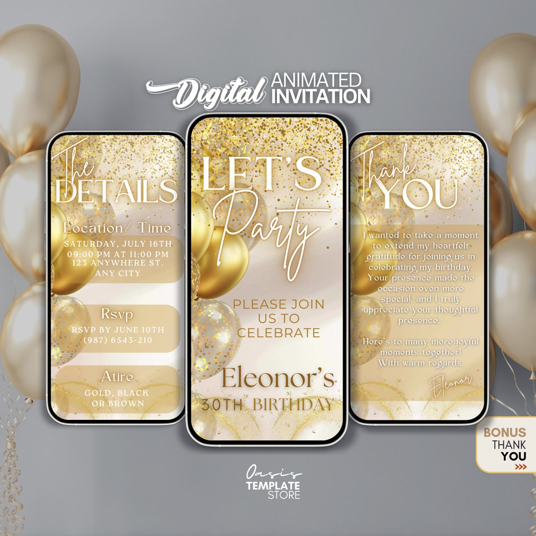 Let's Party Invitation, Birthday Party Video Invite, Gold Glitter ...