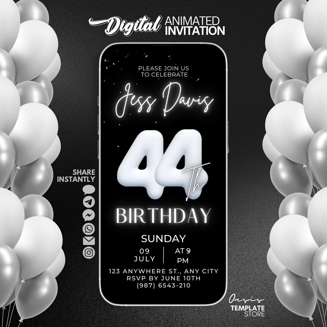 Forty Four 44th Birthday Digital Video Invitation, Elegant Black and ...