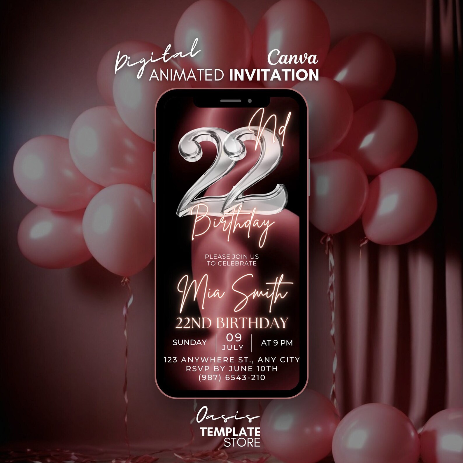 22nd Birthday Digital Invitation, Pink Silver Animated Invitation ...