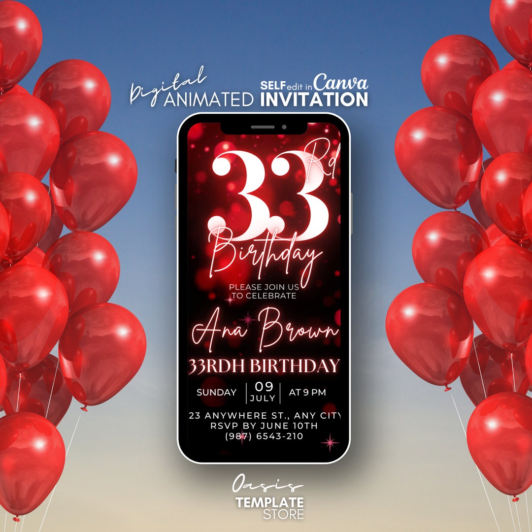 33rd Birthday Video Invitation, Red Glitter Invitation, Phone ...