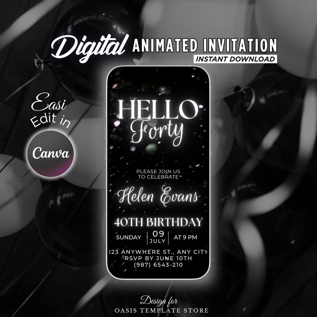 Hello Forty Birthday Invitation Template, Editable 40th Digital Party ...