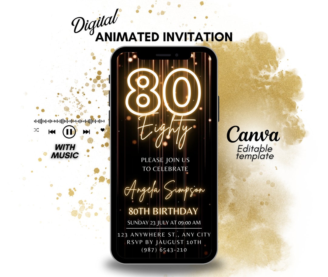 80th Birthday Gold Invitation, Animated Phone Text Invite, Video ...