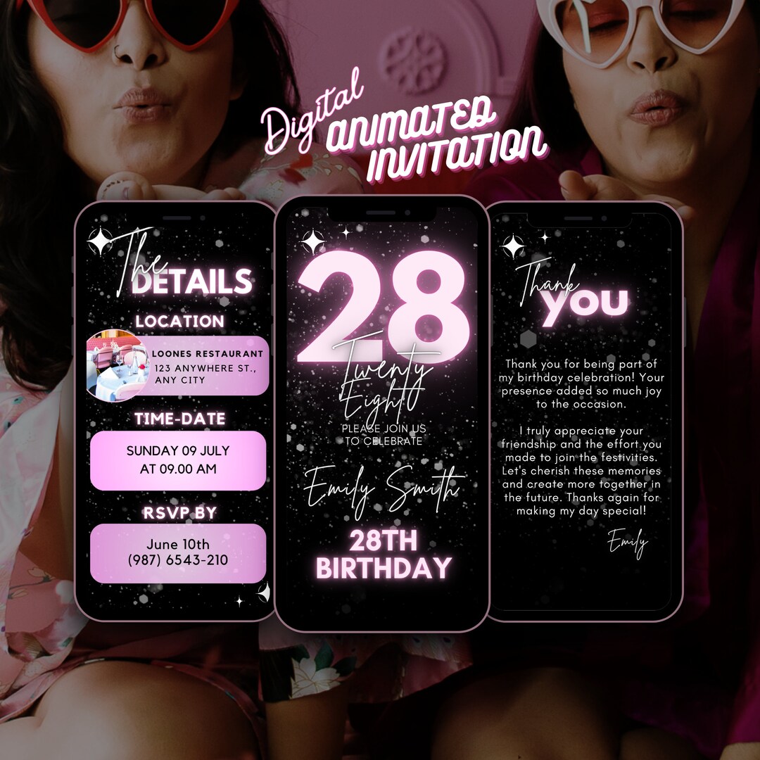 Editable 28th Birthday Video Invitation, Party Invitation, Twenty Eight Animated Invite, Canva ...