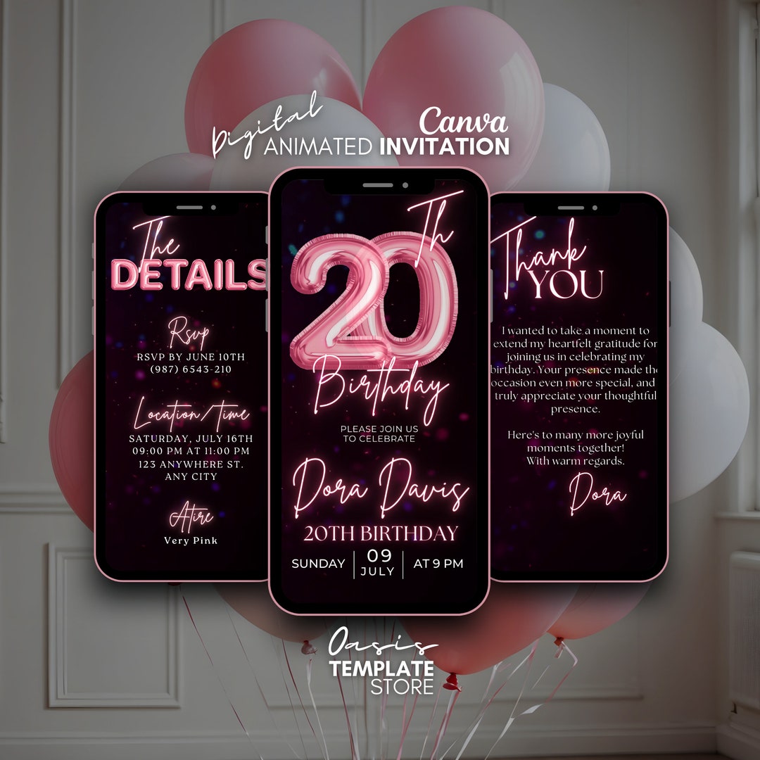 Digital Twenty 20th Birthday Invitation, Pink Balloons Video Invitation ...