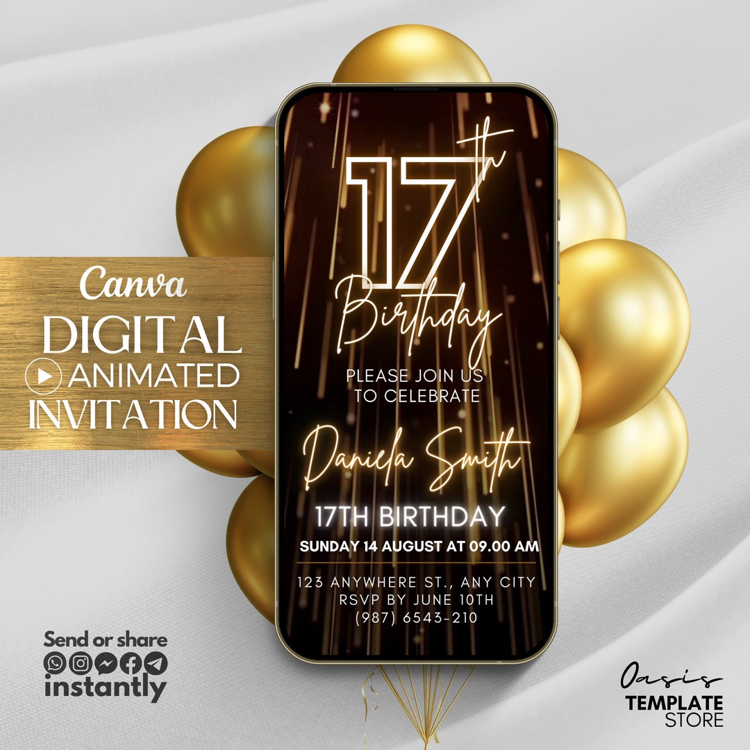 17th Birthday Video Invitation, 17th Gold Glitter Digital Invitation ...