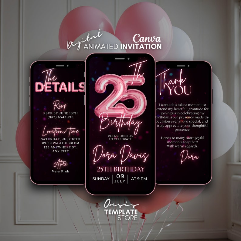 25th Digital Birthday Invitation, Pink Balloons Video Invitation ...