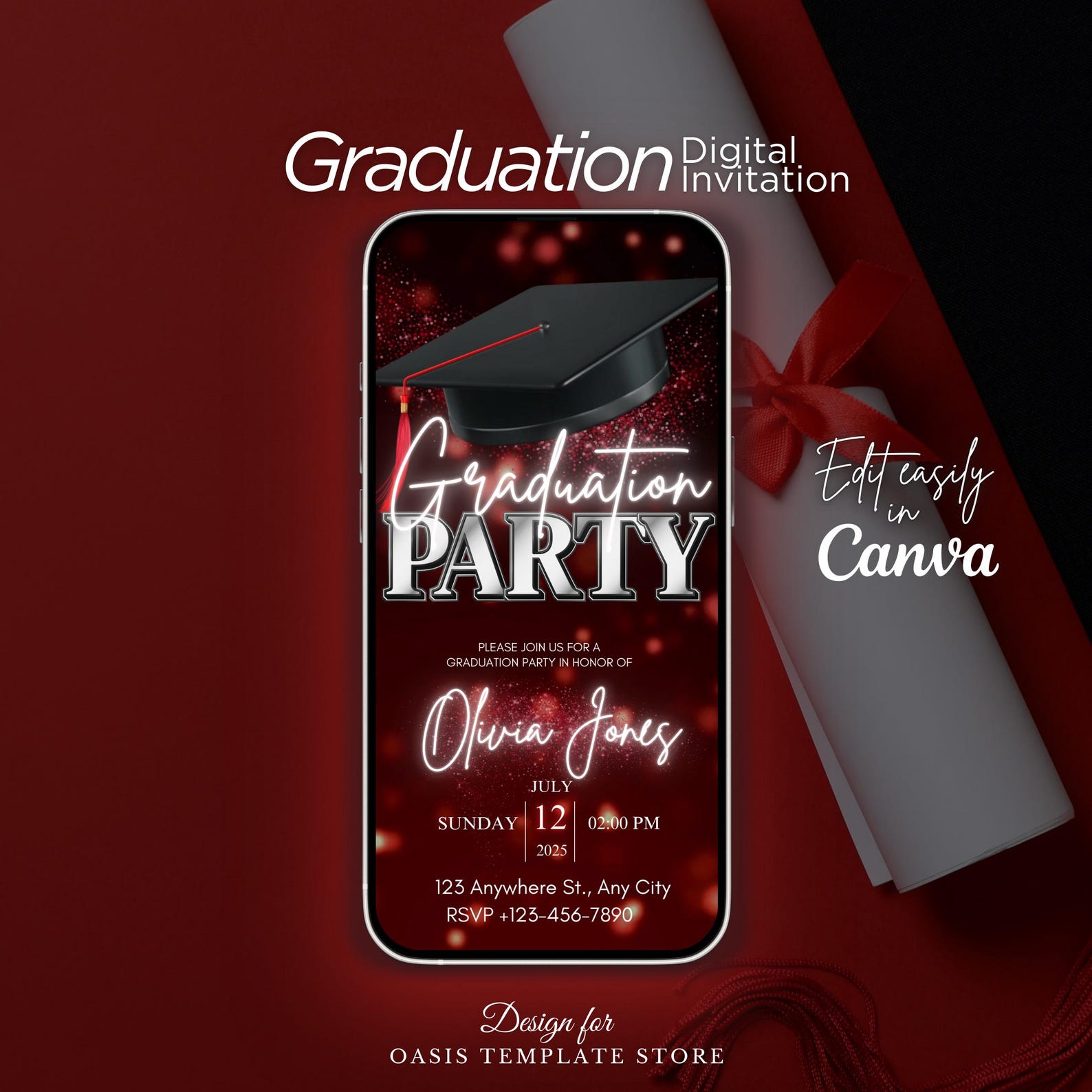 Red Graduation Party Invitation, Editable Digital Graduation 2026 ...