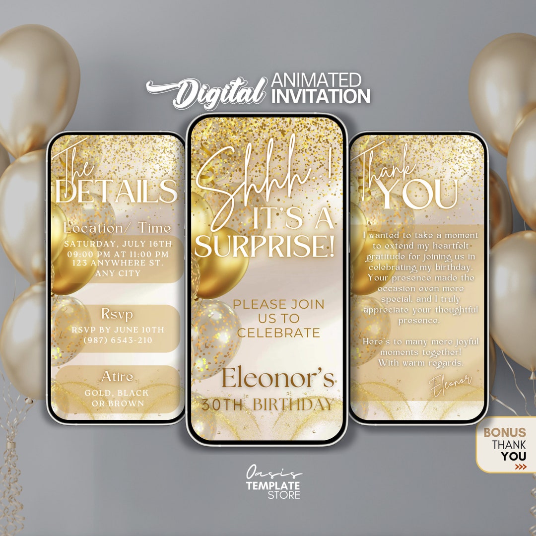 Surprise Birthday Video Invitation, Gold Glitter Digital Invitation ...