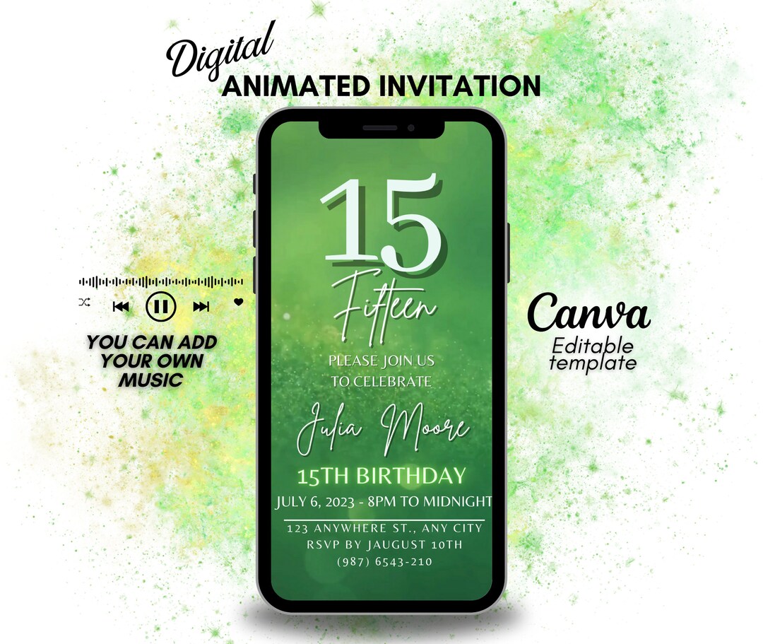 15th Editable Digital Birthday Video Invitation, Green Editable ...
