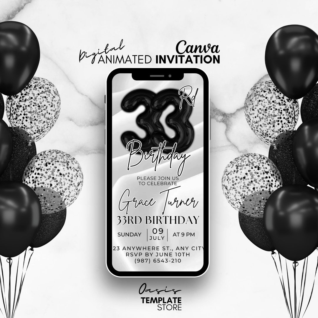 Digital 33rd Birthday Invitation, Black Balloons Invitation, Mobile ...