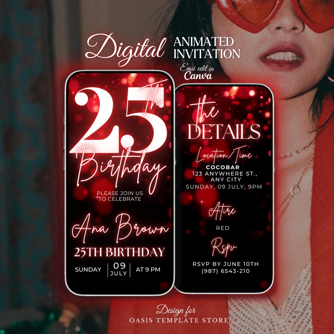 Digital 25th Birthday Invitation Template, Red Glitter Animated Text ...
