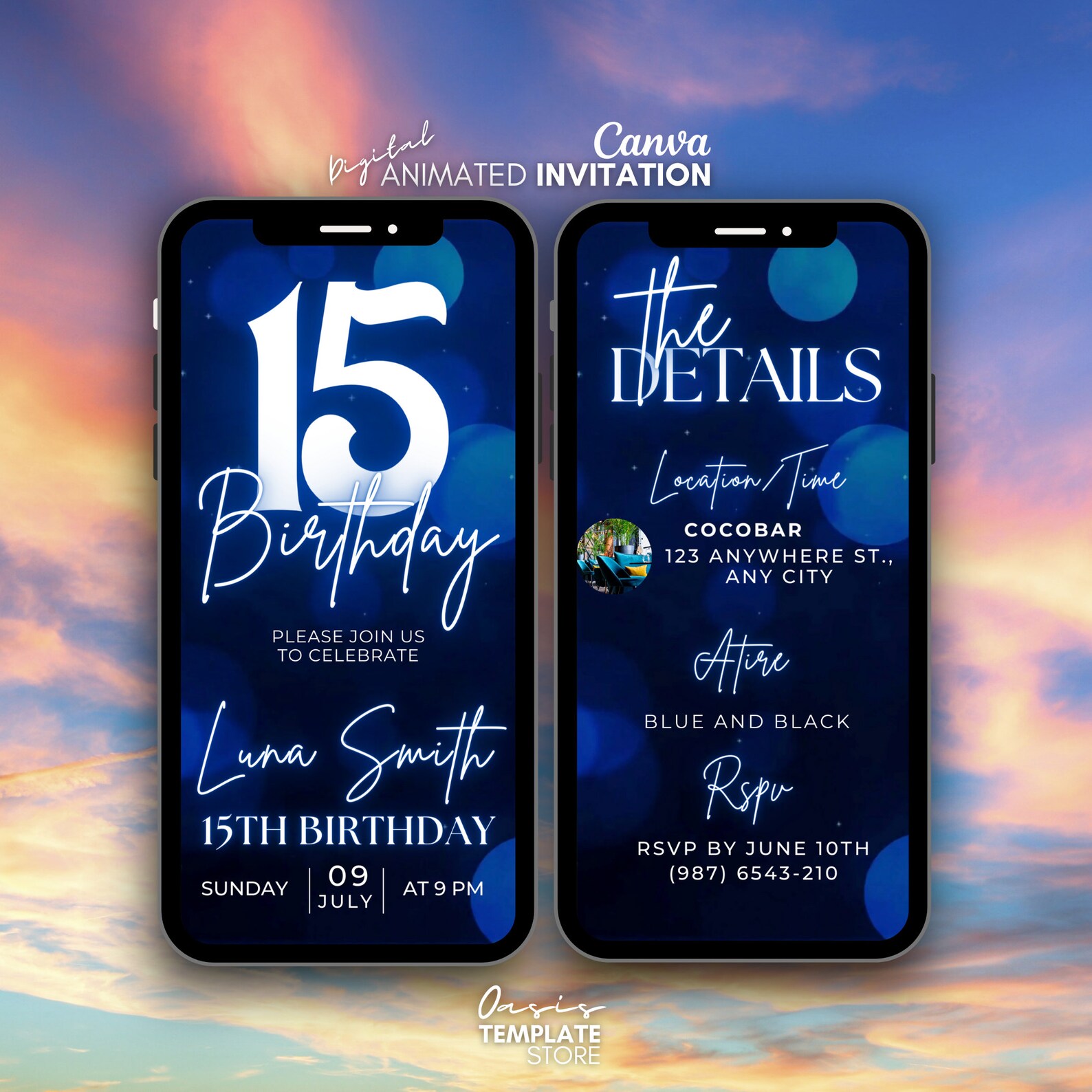 15th Digital Birthday Invitation, Fifteen Mobile Invitation, Blue ...
