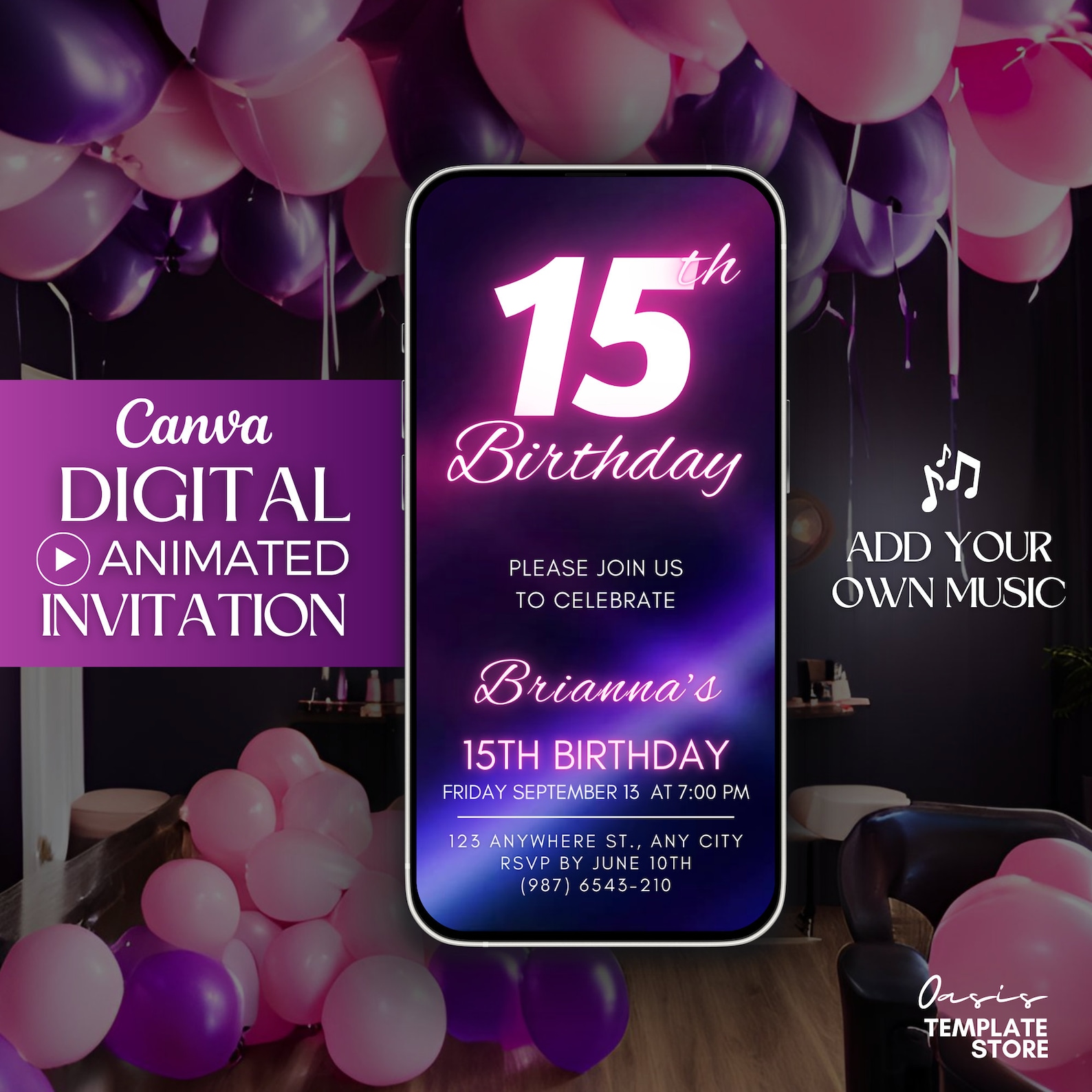 Fifteen 15th Birthday Invitation, Pink Neon Digital Invite, 15th Video ...